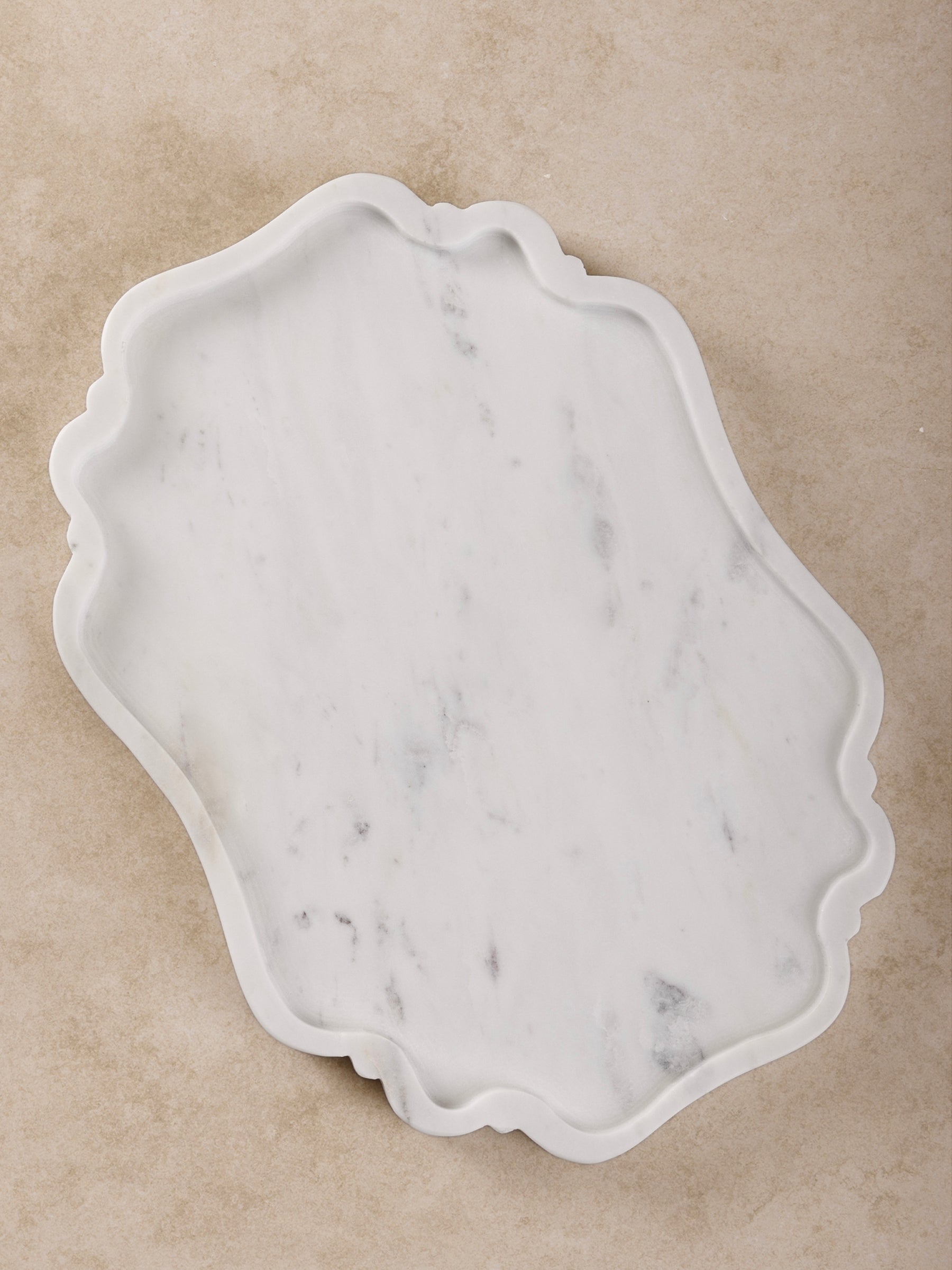 Cascade White Marble Tray with Sculpted Edges and Soft Grey Veining